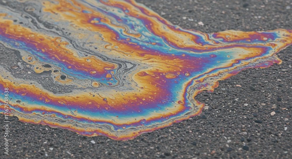 Rainbow sheen of oil spill on asphalt showing swirling patterns and ...