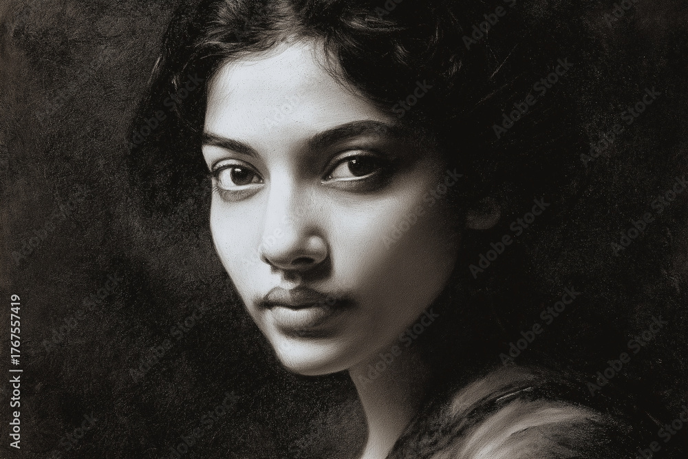 Foto de Stock Charcoal Drawing Portrait fair Indian woman in classic ...