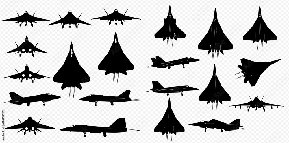 A collection of black silhouettes depicting various modern fighter jets ...