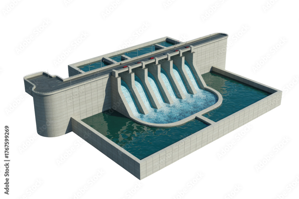 Ilustracja bez tantiem: Isometric 3D render of a concrete dam with ...