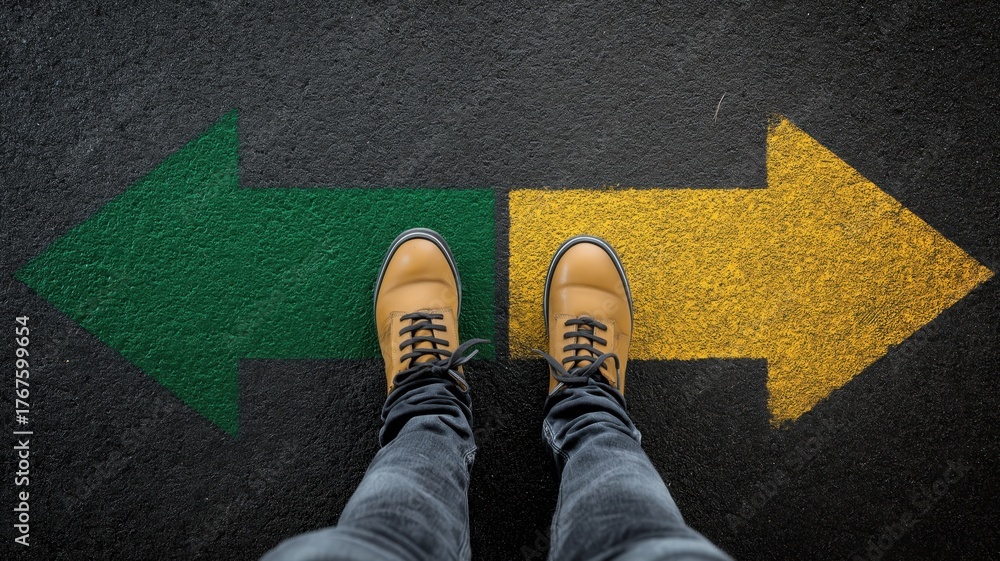Top view of a male feet in shoes standing on asphalt with two arrows ...