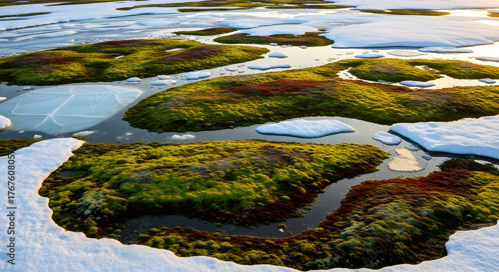 Mossy tundra with melting ice and water pools Stock Photo | Adobe Stock