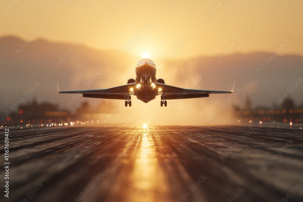 Luxurious private jet departing from runway into a stunning golden hour ...
