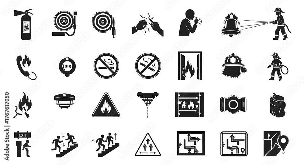 Fire safety pictograms and signs vector set Stock Photo | Adobe Stock