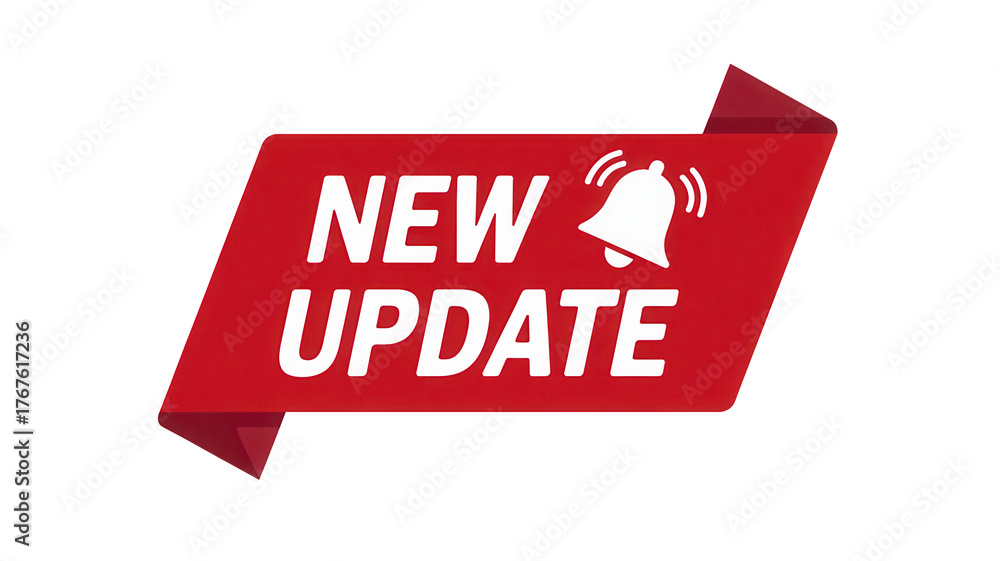 Red ribbon banner with white text announcing new update and ...