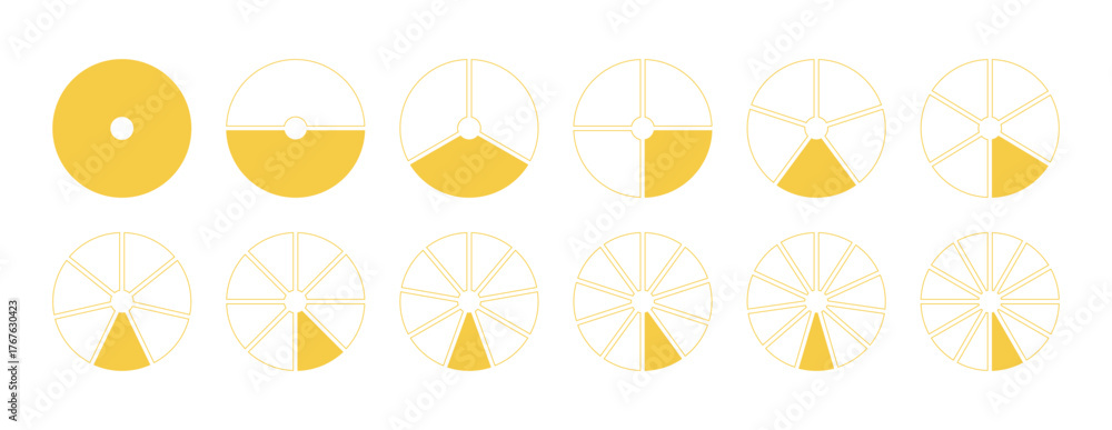 Circles divided diagrams on from 1 to 12 equal parts. Segments wheel ...