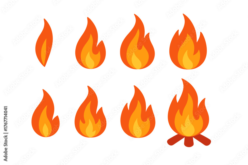 Eight stylized fire flames showing different shapes, intensity levels ...
