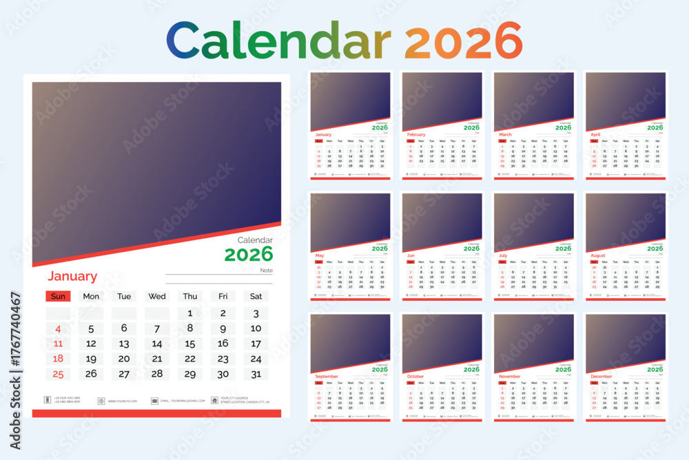 Stock-Vektorgrafik „ 2026 Calendar Template, 2026 wall calendar design ...