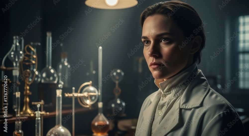 Foto de Stock Woman scientist in vintage laboratory with glassware ...