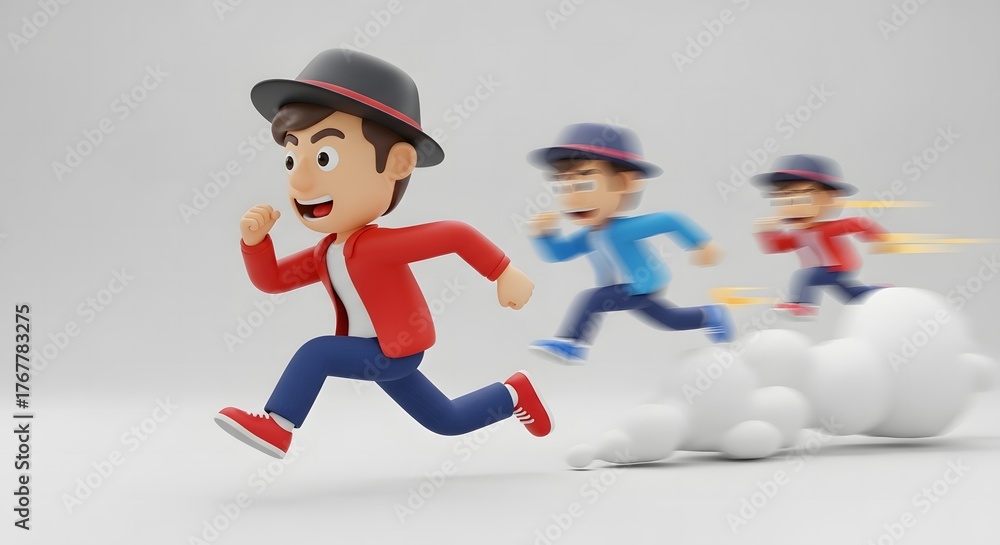 Three animated cartoon characters in a high-speed race, depicted with ...