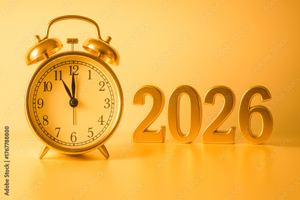 Horizontal photo of golden alarm clock showing midnight next to shiny ...