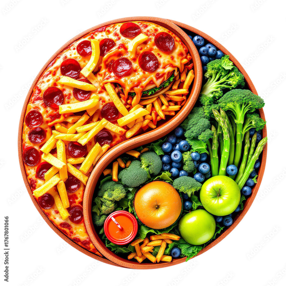 Yin yang symbol made of healthy and unhealthy food isolated on ...