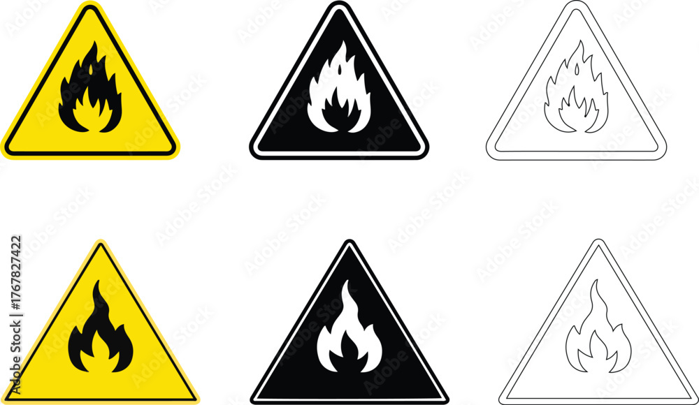 Vector fire hazard warning sign variations show safety symbol designs ...