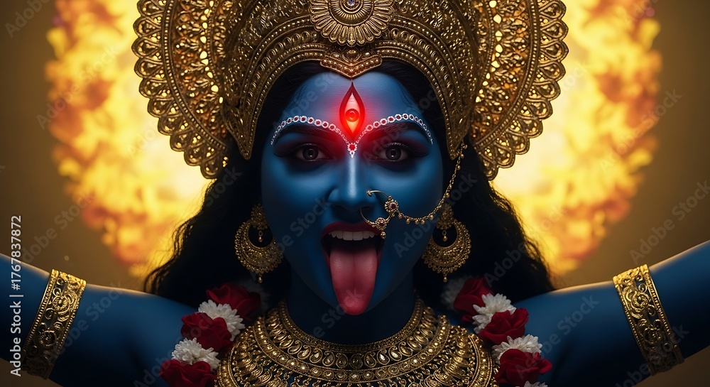 Powerful depiction of hindu goddess kali with blue skin and fiery aura ...