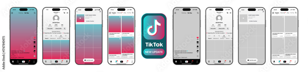 TikTok UI Mockup with For You Feed, Following, Profile, Messages ...
