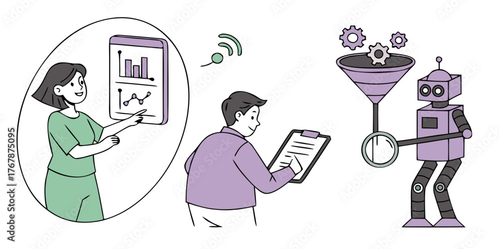 digital automation workflow illustration with qr code scanning tablet ...