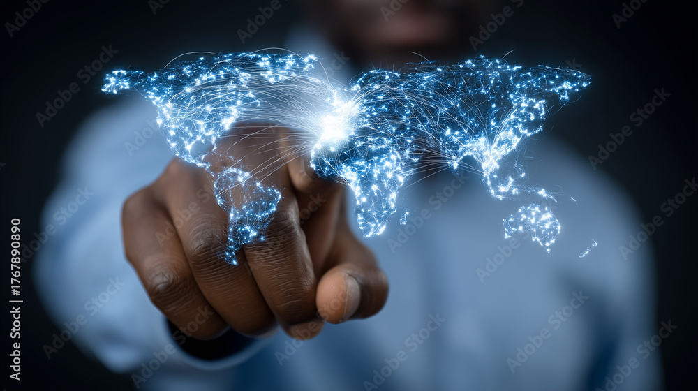 Businessman touching digital Earth hologram showing global trade routes ...