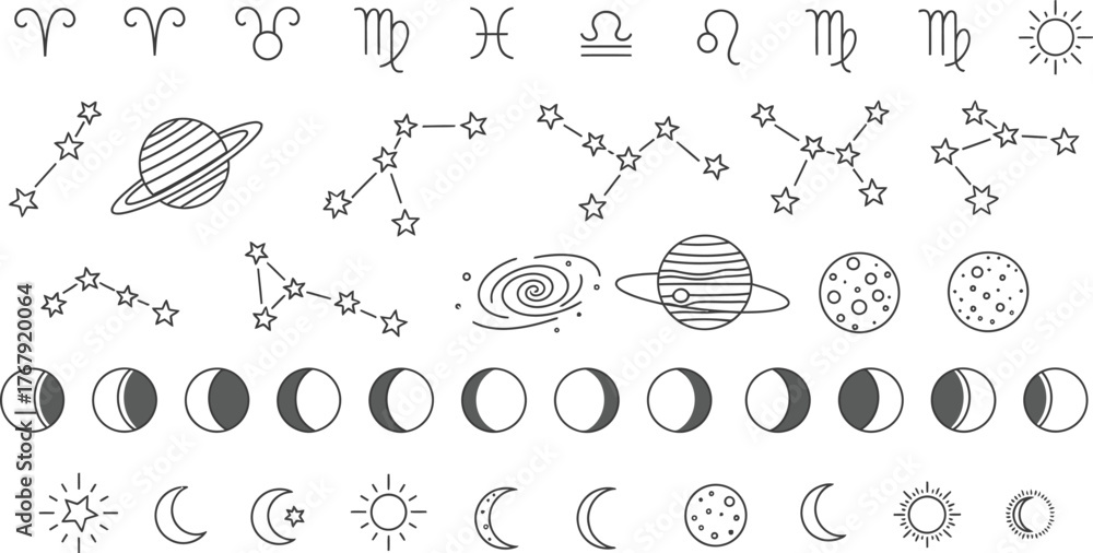 Astrology doodles with zodiac signs, constellations, planets, and moon ...