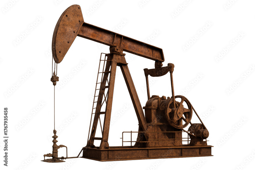Rusted oil derrick pumping crude petroleum, an iconic symbol of fossil ...