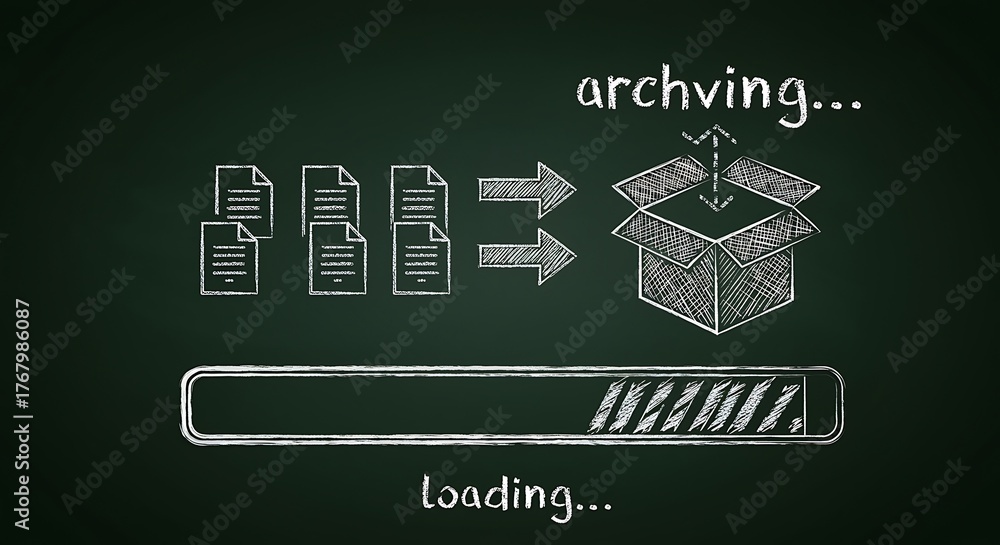 Chalkboard drawing of files being archived into a box with loading bar ...