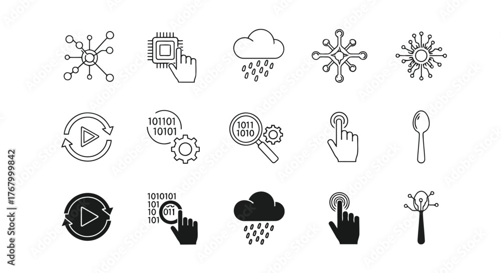 Collection of technology and digital icons, including network nodes ...