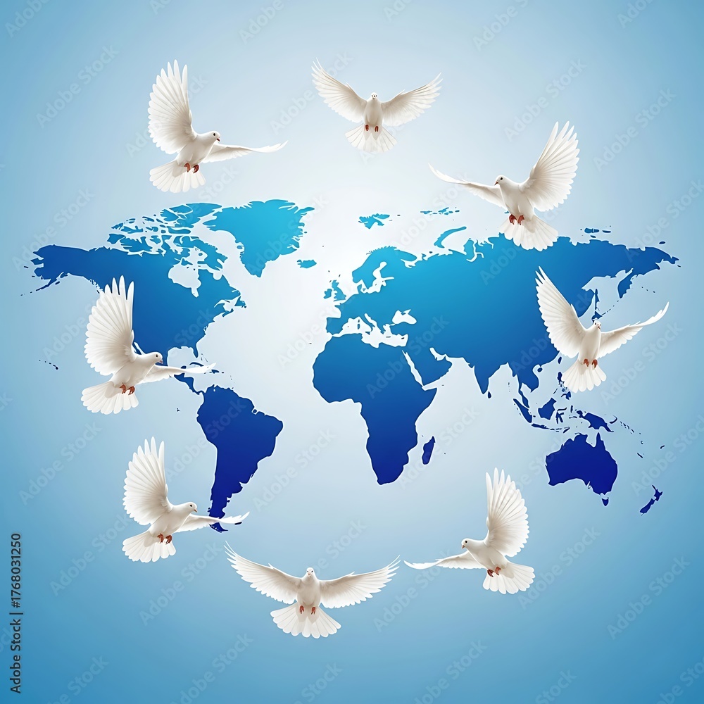 Graceful white doves soaring over a vibrant blue world map symbolize ...