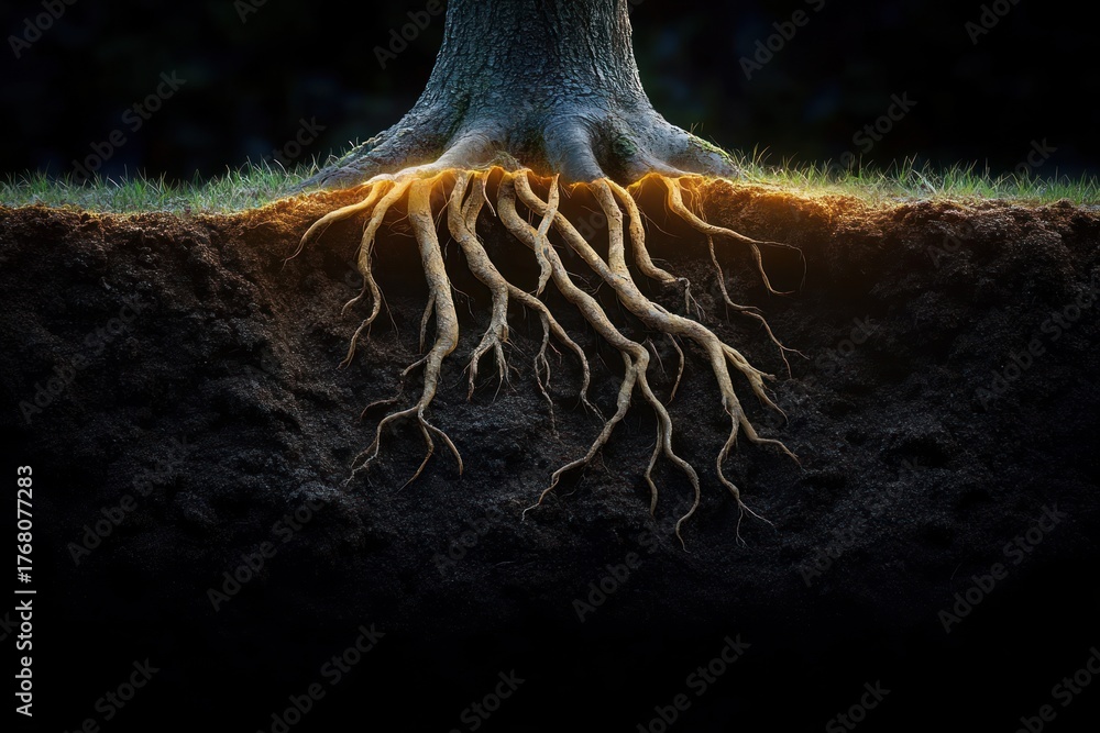 Cross section illustration showing thick tree trunk above ground with ...