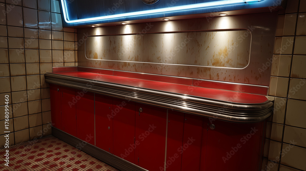 Grungy retro diner counter with red laminate surface, stained tiled ...