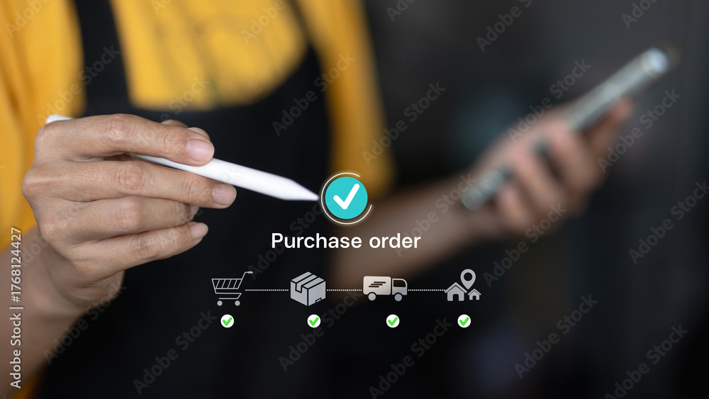 Purchase Order Approval with Stylus and Supply Chain Icons Stock Photo ...