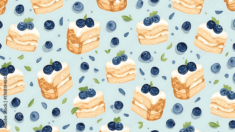 Seamless pattern with birds and flowers, set of sweet food dessert ...
