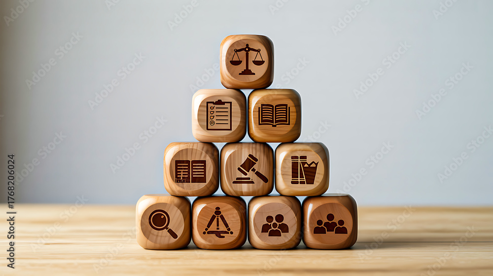 Stacked wooden blocks with engraved law and justice icons including ...