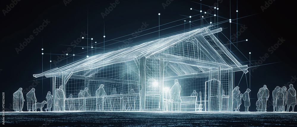 Futuristic panorama nativity scene in digital wireframe style showing ...