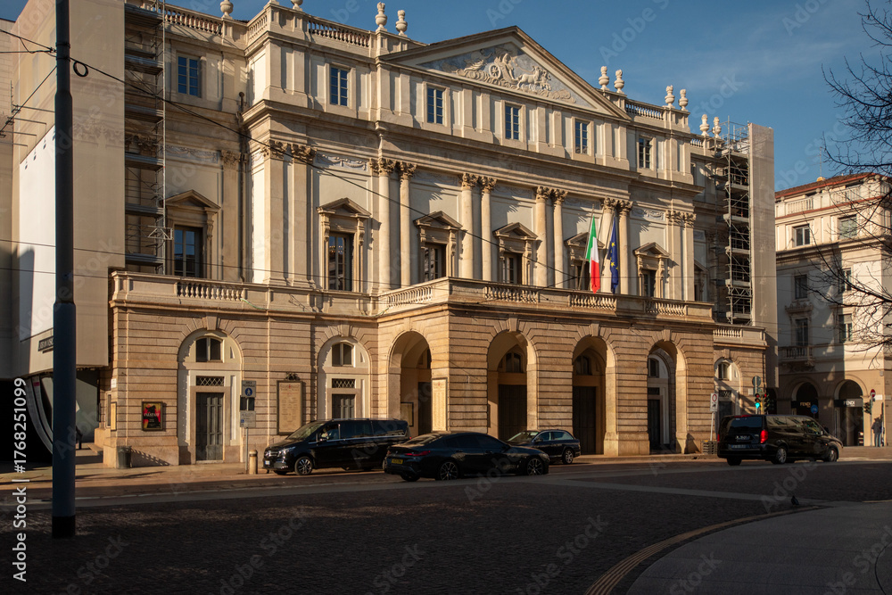 Daytime street view of Teatro alla Scala (La Scala Opera House) in ...