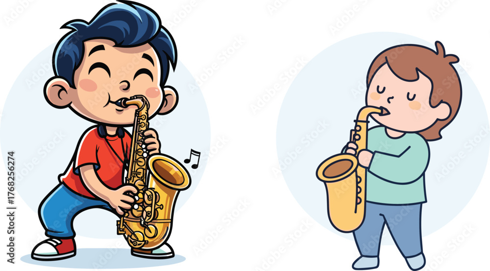 Cartoon children playing saxophones vector illustration, musical notes ...