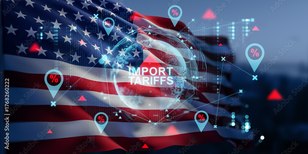 Digital concept of import tariffs with holographic globe and data ...