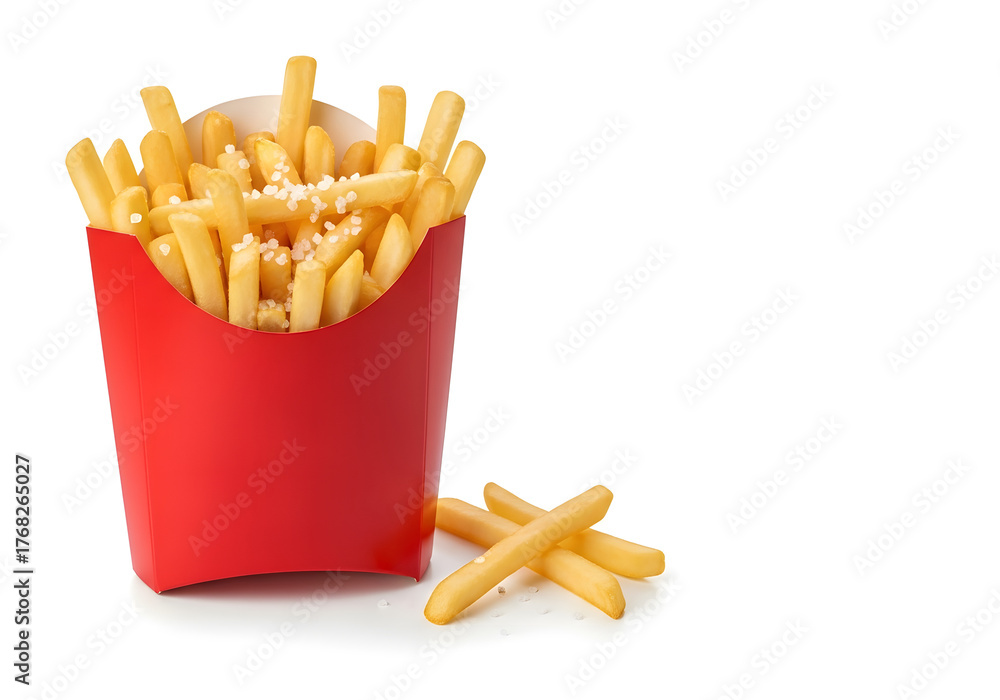 Product shot of an open red french fry box overflowing with golden ...