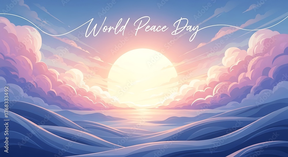 World Peace Day Sunrise Over Calm Ocean with Colorful Clouds Keywords ...