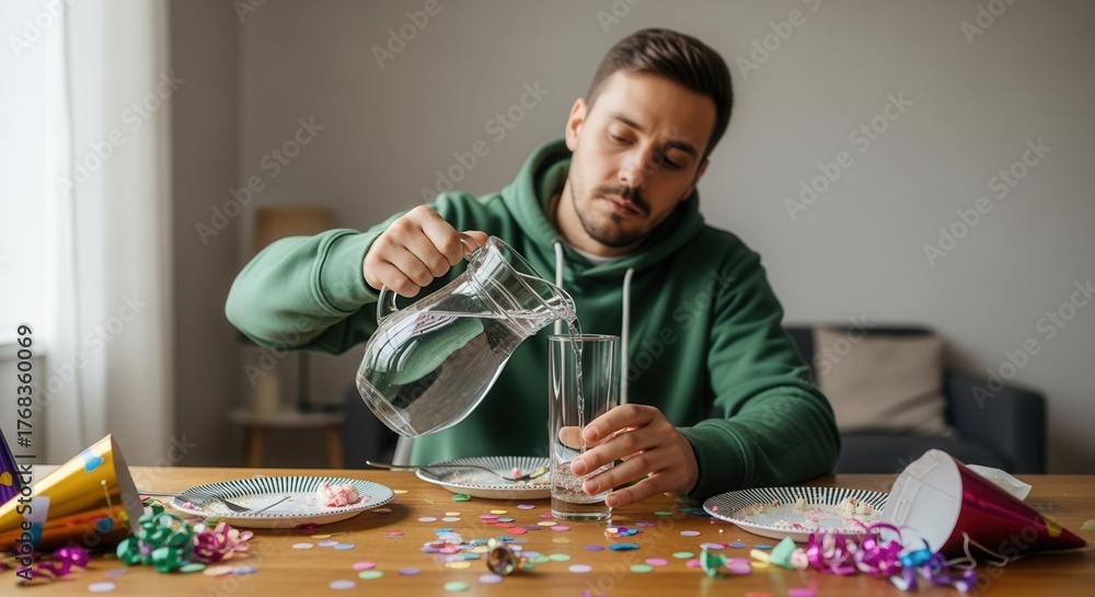 Foto de Stock Tired man with a hangover pouring water into a glass at a ...