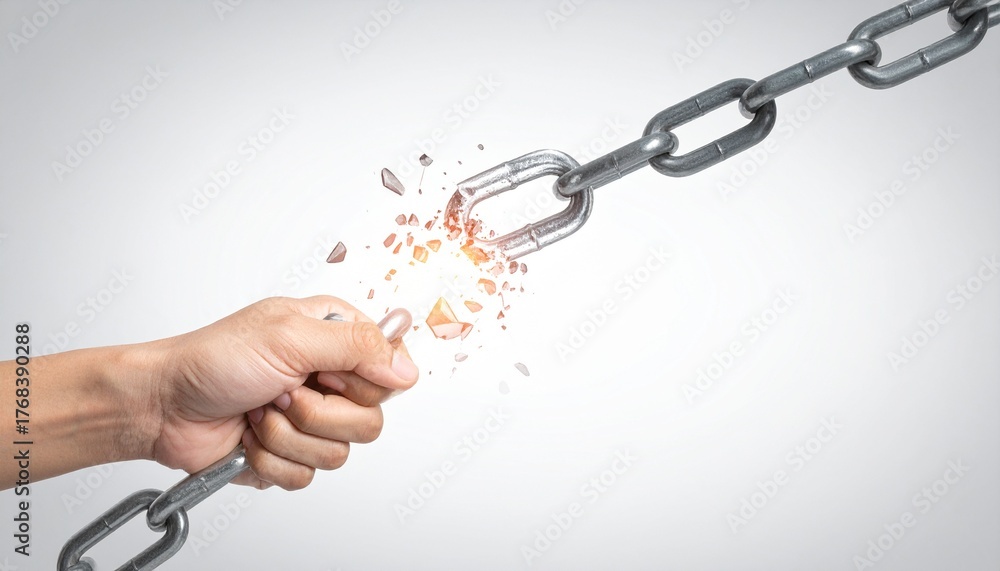 Hand breaking chain symbolizing freedom and overcoming obstacles. The ...