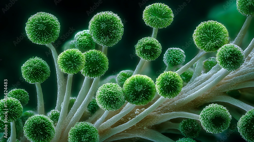 Aspergillus fungus on white bread, showing fine mycelium and dark green ...