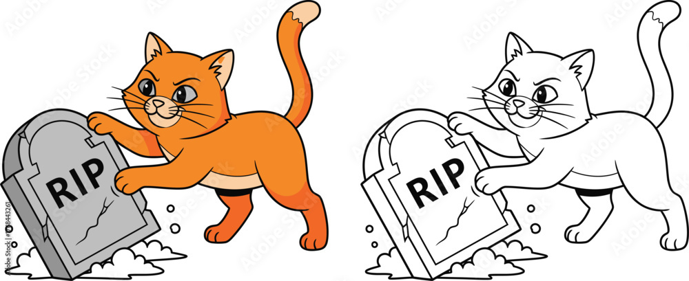 Vector de Stock Funny Cat Knocking Over a Tombstone with RIP Text, Cute ...
