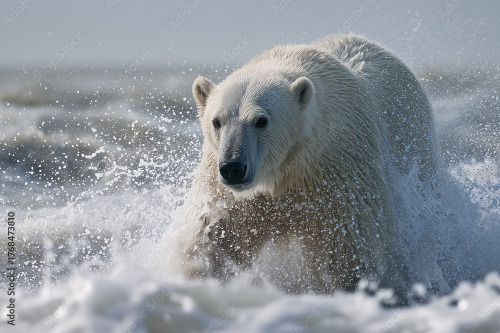 Polar Bear Shaking Off Seawater After Climbing From Lead, Droplets ...