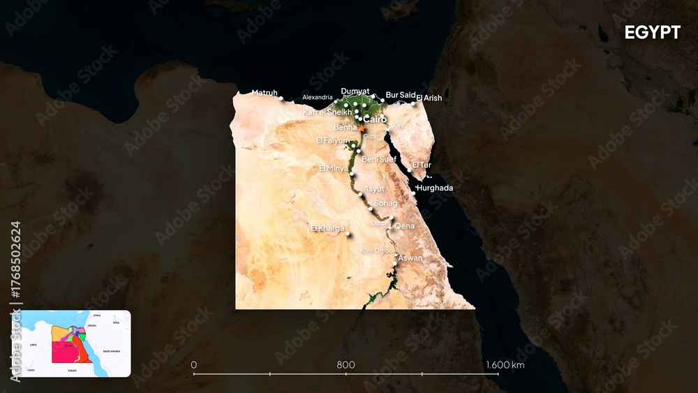 Ilustrace 4K Egypt Border Land Map, High Resolution Satellite View with ...