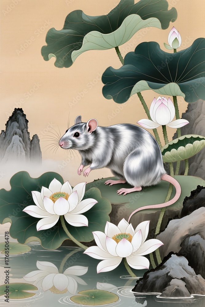 Gongbi style painting in the high court style, depicting a tranquil rat ...