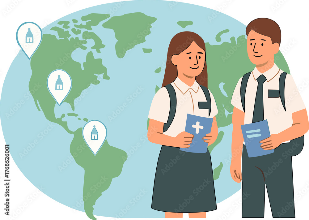 An illustration of two young missionaries standing in front of a world ...
