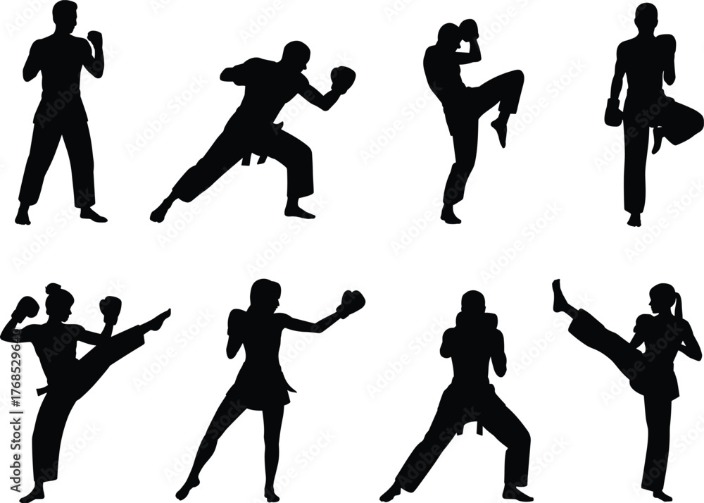 Martial arts silhouette icons, kicking and punching poses, black vector ...