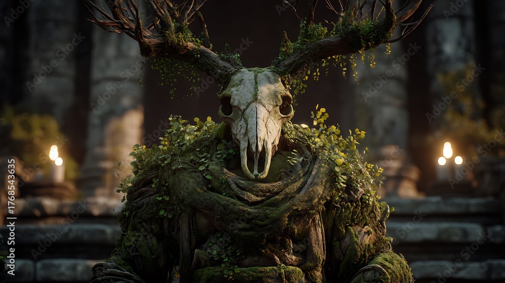 A towering forest god with a giant elk skull for a head, horns covered ...