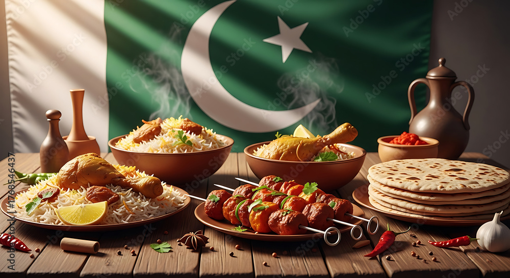Pakistan Flag with Chicken Biryani, Seekh Kebab, and Chapati – 8K Ultra ...