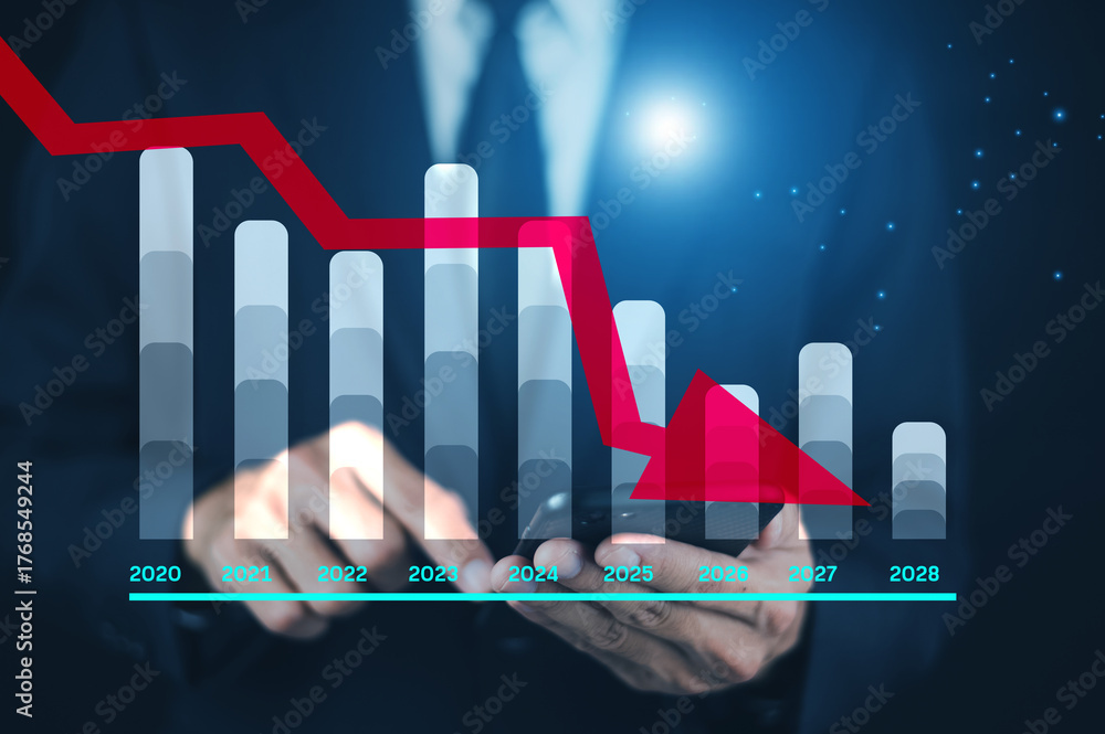 Businessman analyzing financial data with digital tablet as red arrow ...