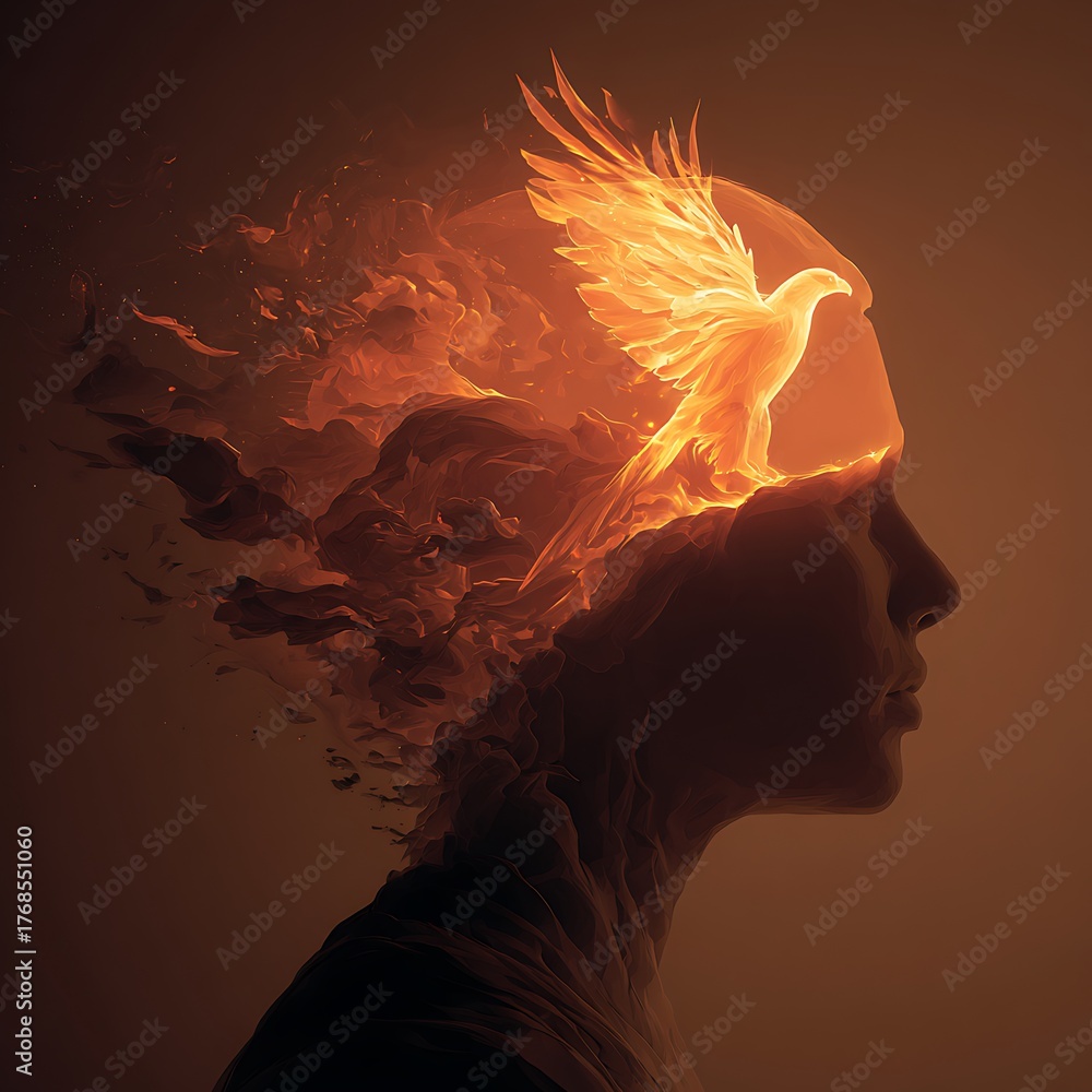 phoenix rising from ashes inside human head, mental rebirth concept ...